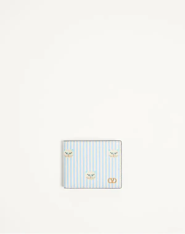 Valentino Garavani Vlogo Signature Wallet In Grainy Calfskin With Le Chat De La Maison Print - Azure/ivory