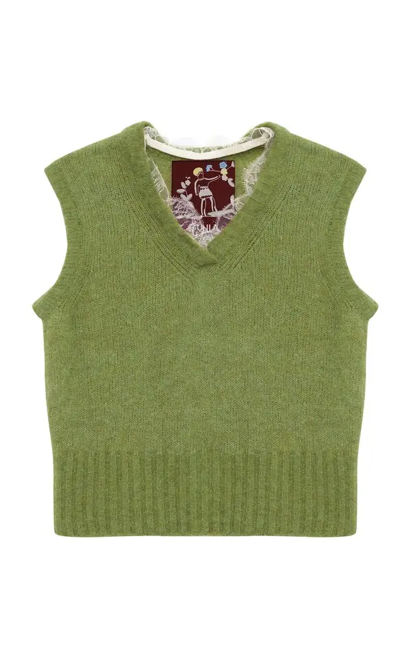GUNIA PROJECT Lace-trimmed Wool-blend Vest - Green
