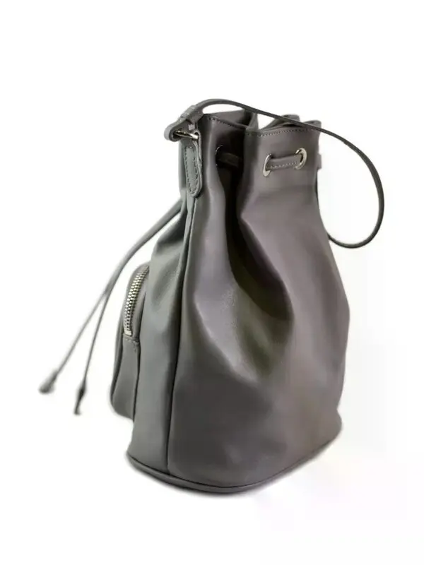 LA ROSE Drawstring Zip Leather Bucket Bag - Grey