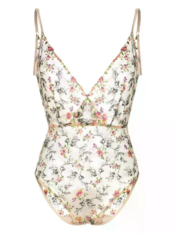 GILDA & PEARL Floral-embroidered Silk Bodysuit