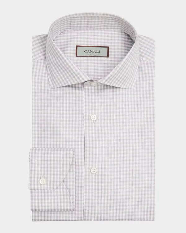 Canali Spread-collar Grid Check Cotton Dress Shirt - Gray