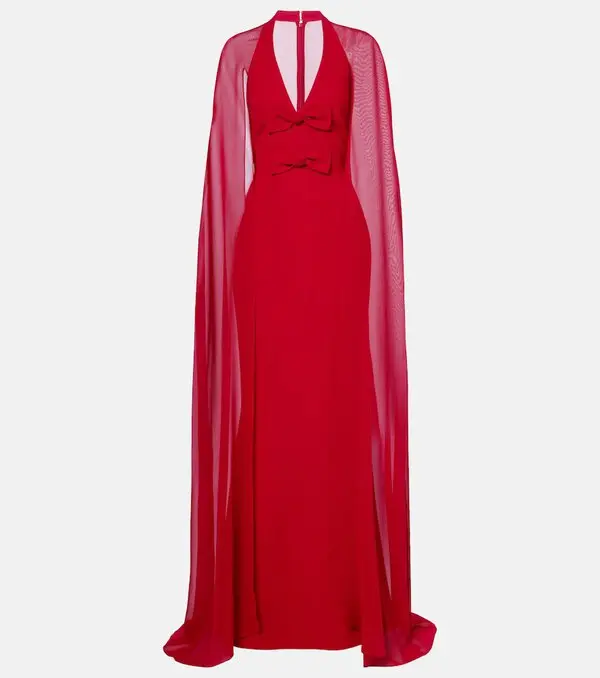 Elie Saab Bow-detail Caped Silk-blend Gown - Red