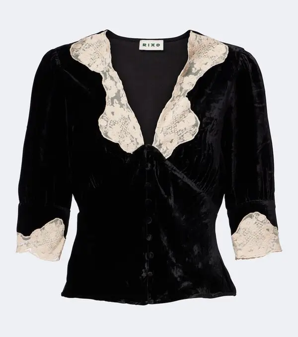 Rixo Amanda Lace-trimmed Velvet Top - Black