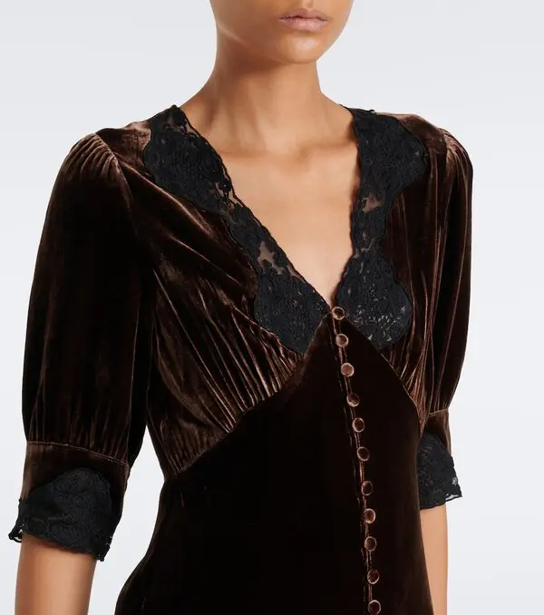 Rixo Simone Lace-trimmed Velvet Midi Dress - Brown