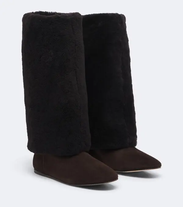 YVES SALOMON Shearling And Suede Knee-high Boots - Brown