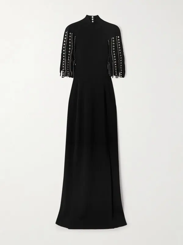 LANVIN Fringed Cape-effect Studded Knitted Turtleneck Gown