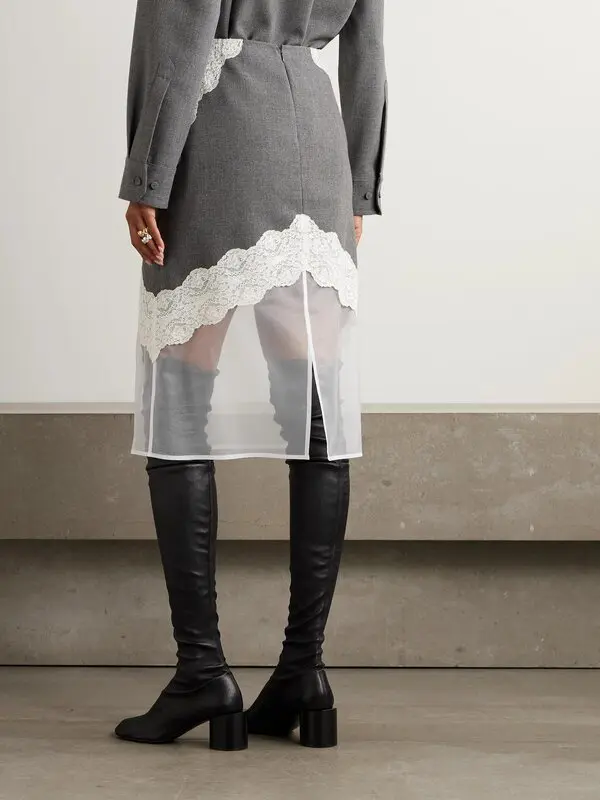 JIL SANDER Lace And Organza-trimmed Grain De Poudre Wool Midi Skirt - Gray