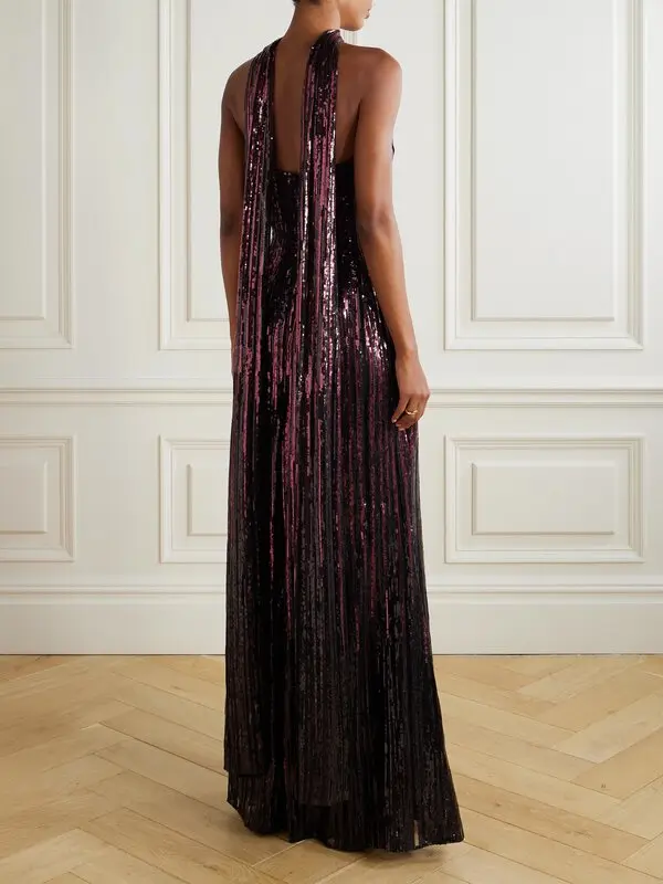 Elie Saab Strapless Sequined Tulle Gown With Scarf Detail - Burgundy