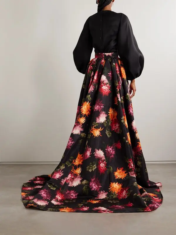 Carolina Herrera Pleated Floral-print Faille Maxi Skirt