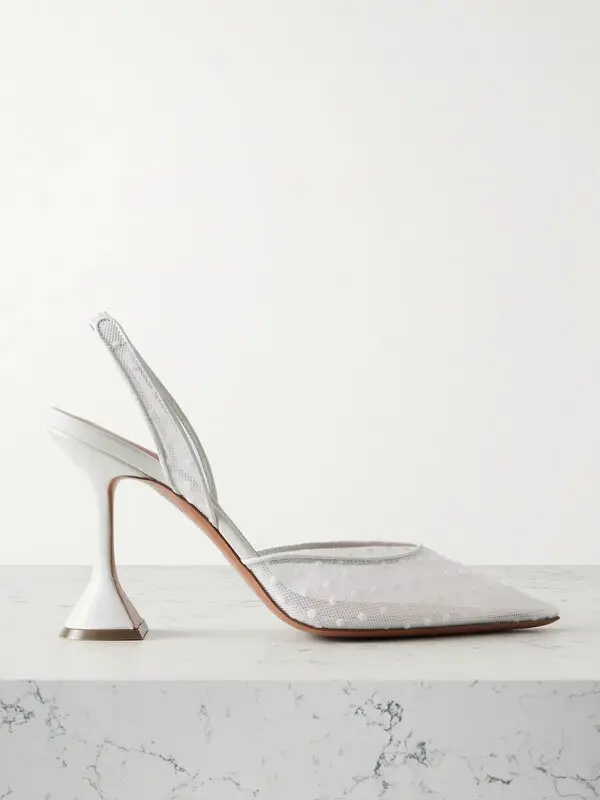 Amina Muaddi Holli Leather-trimmed Polka-dot Mesh Slingback Pumps