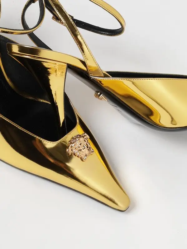 Versace Metallic Pointed Toe Stiletto Pumps With Ankle Strap