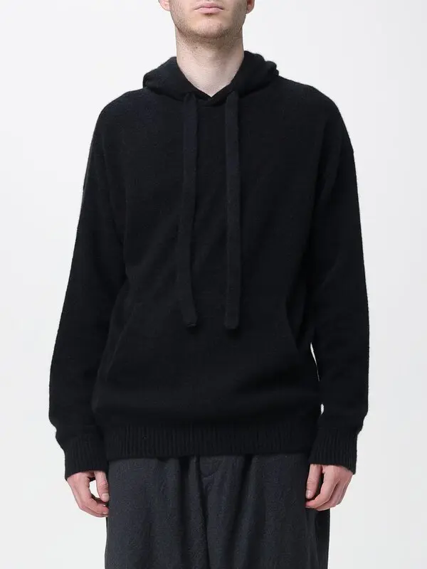 LANEUS Ribbed Knit Hoodie With Drawstring - Black