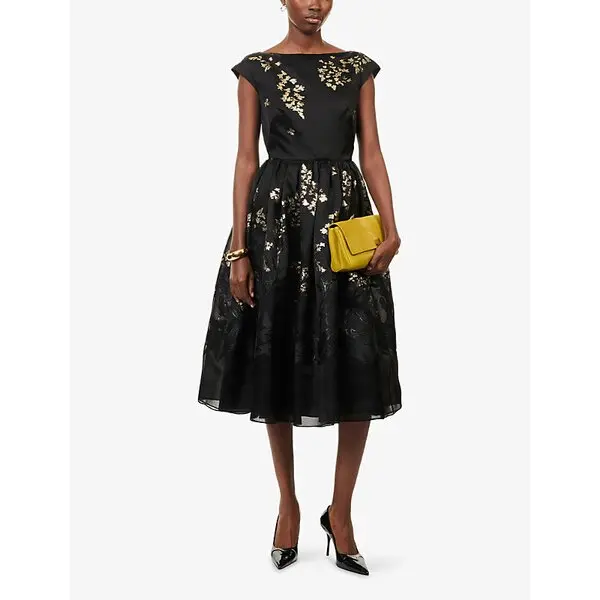 erdem fit and flare dress Embroidered Jacquard Off-The-Shoulder Midi Dress, Black / 6