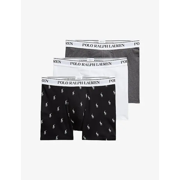Polo Ralph Lauren Logo Pack Of Three Cotton-jersey Boxer Briefs - Blk Aop/brcly Htr/white