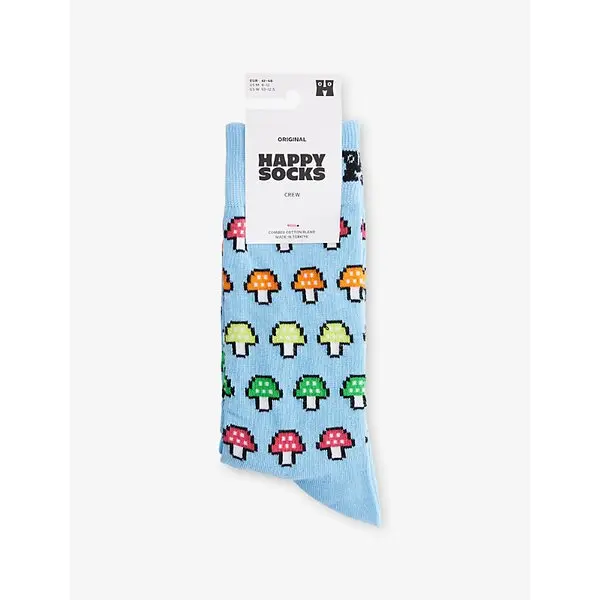 Happy Socks Mushroom Stripe Crew Socks - Light Blue