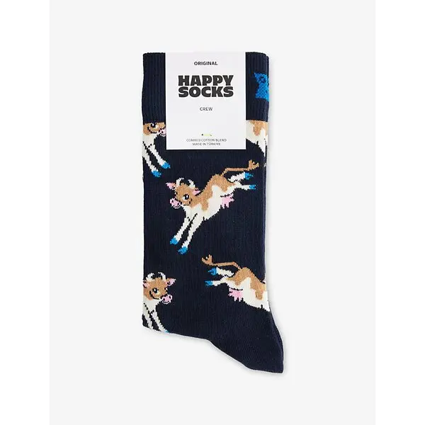 Happy Socks Cow Crew-length Cotton-blend Socks - Navy