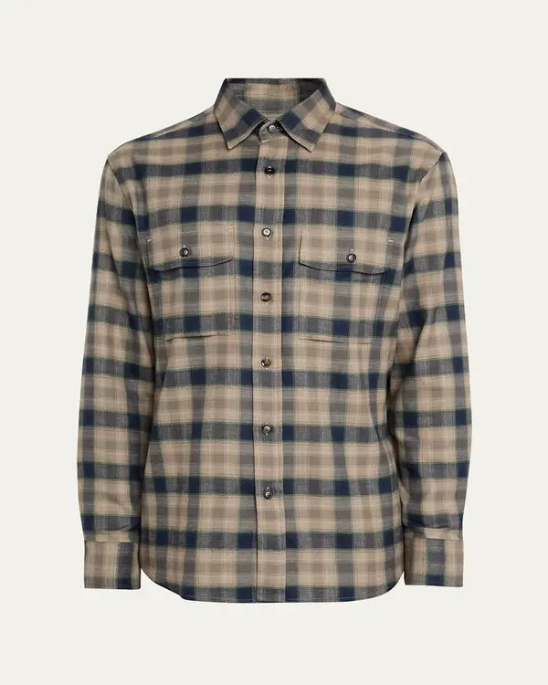 Brioni Cotton Flannel Plaid Button-down Shirt - White/blue