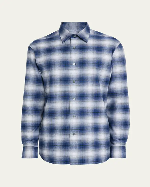 Brioni Cotton Flannel Check Sport Shirt - White/blue