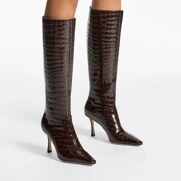 JIMMY CHOO Agathe 85 Croc-embossed Leather Knee High Boots - Sambuco