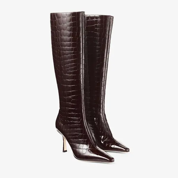JIMMY CHOO Agathe 85 Croc-embossed Leather Knee High Boots - Sambuco