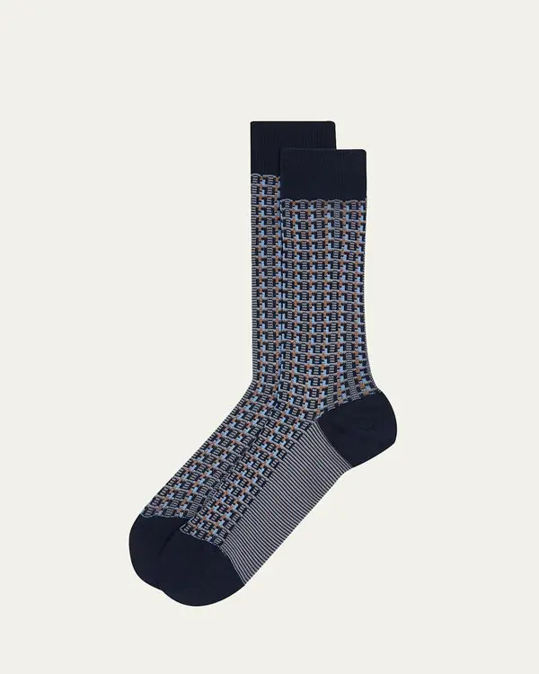 Pantherella Randolph Vertical Box Jacquard Crew Socks - Navy