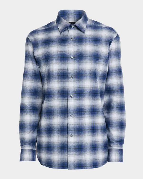Brioni Cotton Flannel Check Sport Shirt - White/blue