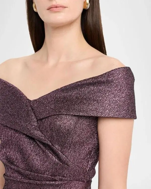 Rickie Freeman For Teri Jon Metallic Jacquard High-low Off-shoulder Gown - Amethyst