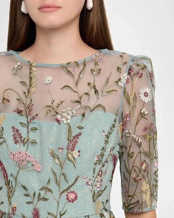 Rickie Freeman For Teri Jon Floral-embroidered Gown - Sage Multi