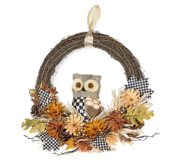 MACKENZIE-CHILDS As Is 16' Floral Owl Wreath - One-color