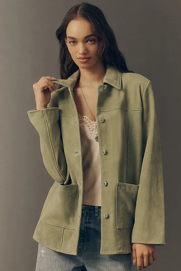 REFORMATION Veda Lincoln Suede Shirt Jacket - Prickly Pear