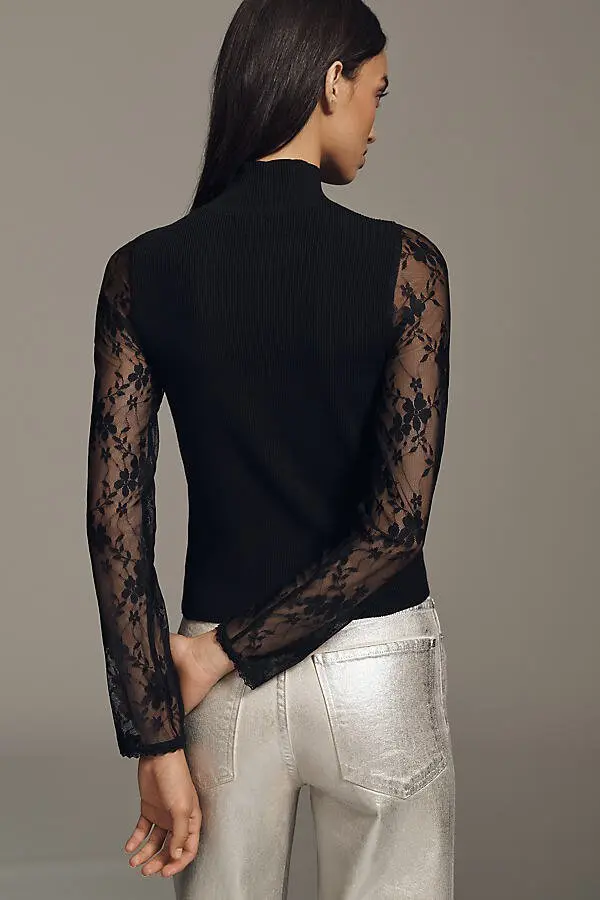 PILCRO Long-sleeve Keyhole Lace Top
