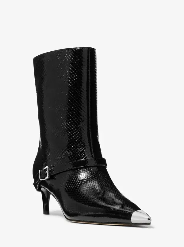 Michael Kors Kasia Snake Embossed Leather Mid Calf Buckle Boots - Black