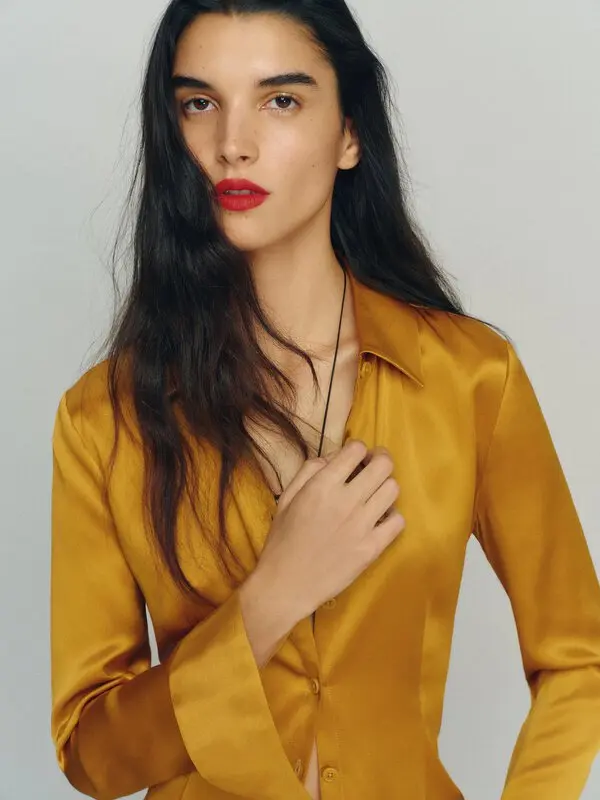 REFORMATION Raya Fitted Silk Shirt - Yellow