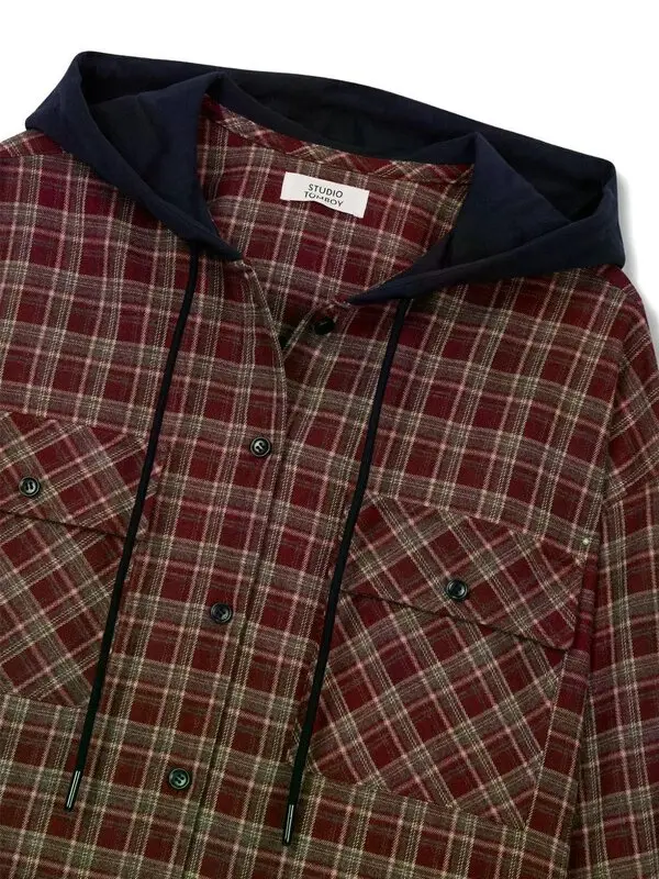 STUDIO TOMBOY Check-pattern Hooded Shirt - Red