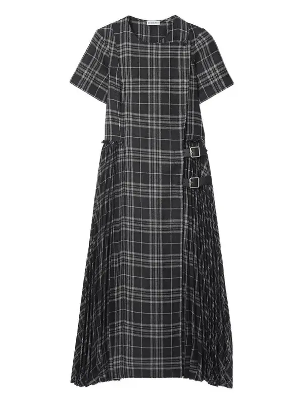 Burberry Check Buckle Pleated Dress - Black