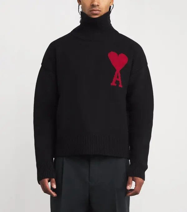 AMI Paris Virgin Wool Rollneck Sweater - Black