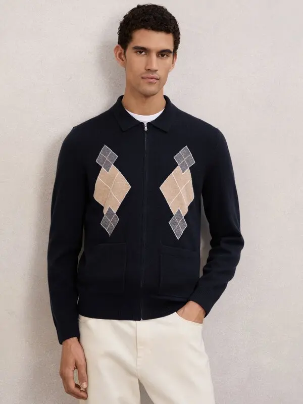 REISS Zip-through Argyle Wool Cardigan - Navy