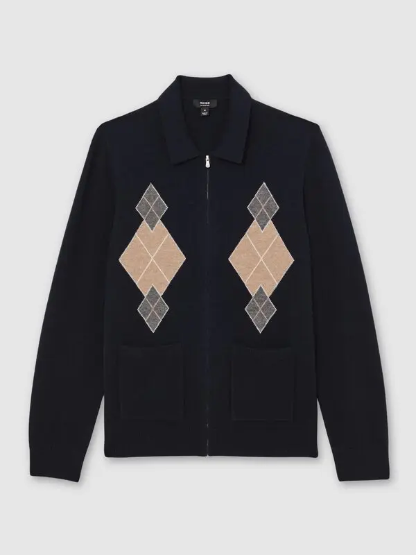 REISS Zip-through Argyle Wool Cardigan - Navy