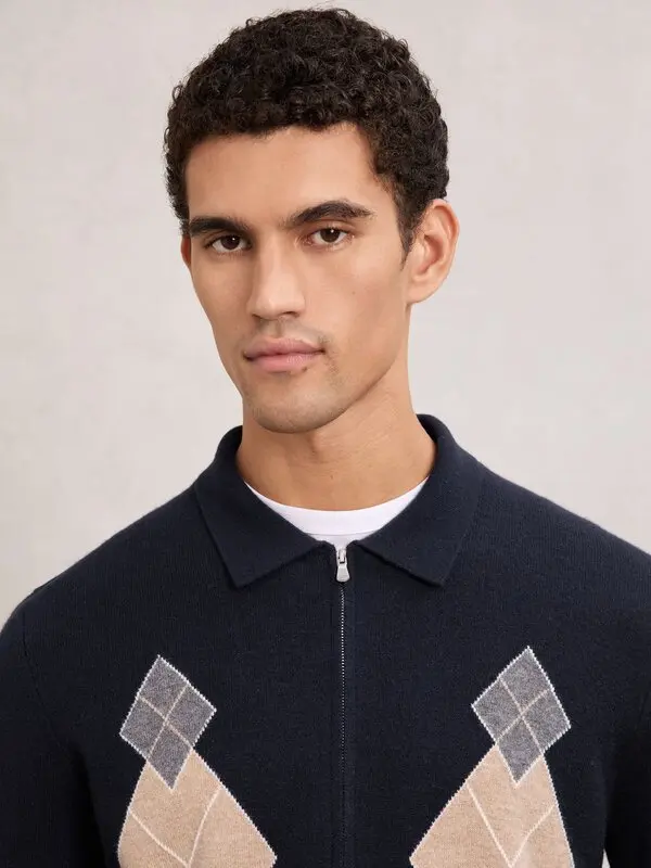 REISS Zip-through Argyle Wool Cardigan - Navy