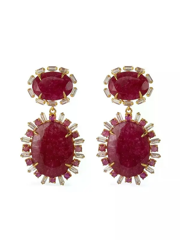 BOUNKIT JEWELRY Baguette Ruby Oval Earrings - Gold