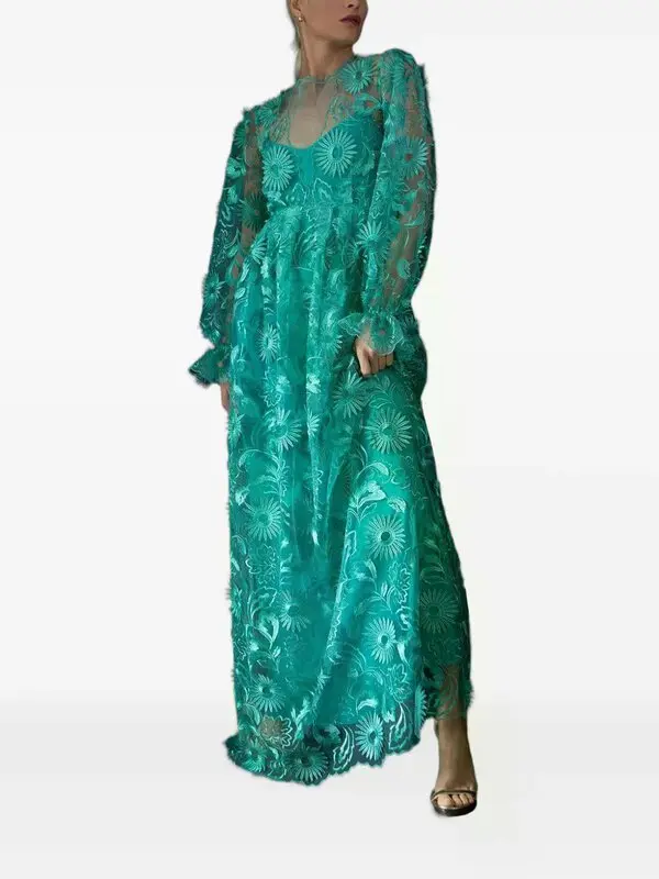 Alberta Ferretti Embroidered Tulle Maxi Dress - Green