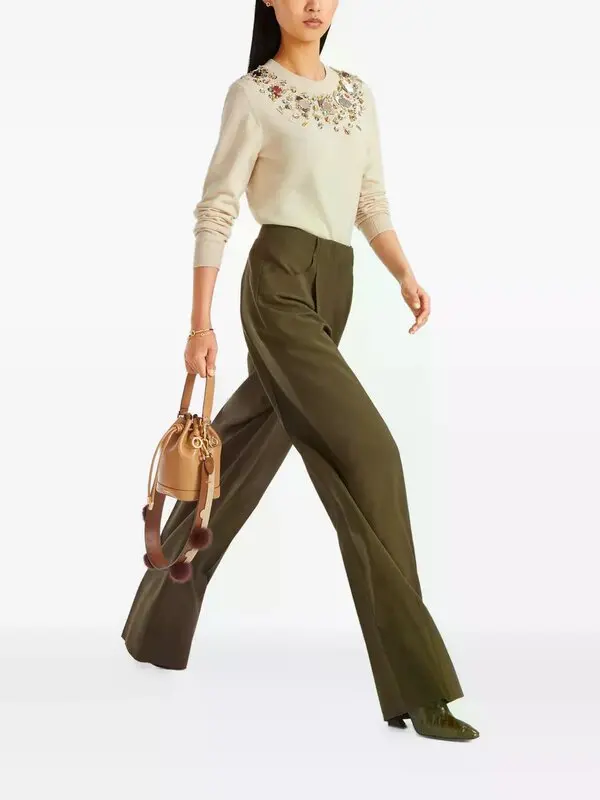 Fendi Embellished-neckline Crew-neck Wool Sweater - Neutrals
