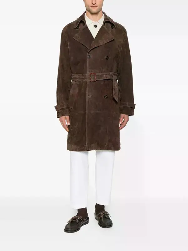 Eleventy Belted Double-breasted Suede Trench Coat