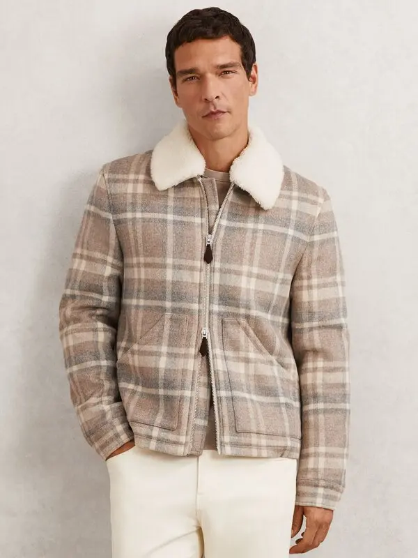 REISS Chander Wool-blend Check Jacket With Fleece Collar
