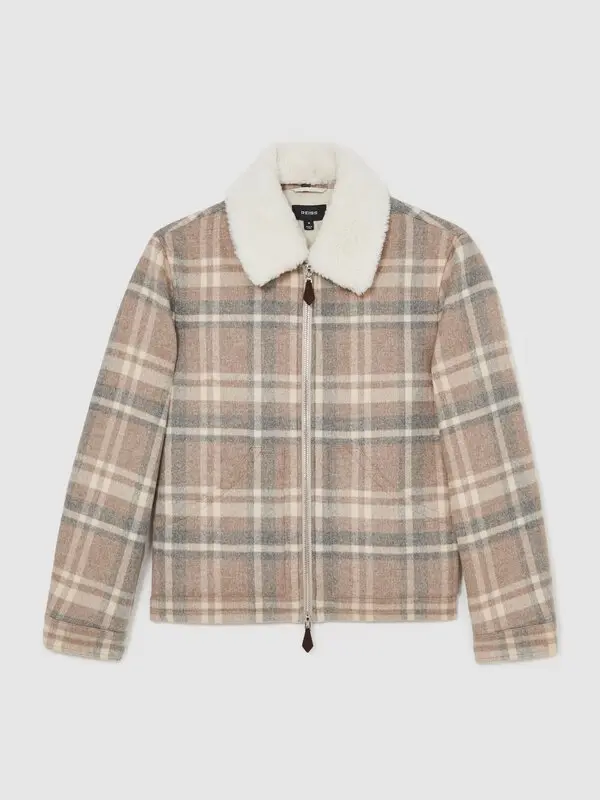 REISS Chander Wool-blend Check Jacket With Fleece Collar