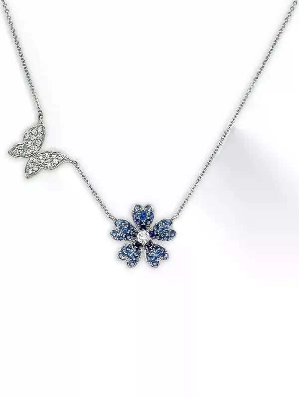 LISA NIK 18k White Gold Sapphire And Diamond Flower Butterfly Necklace - Silver