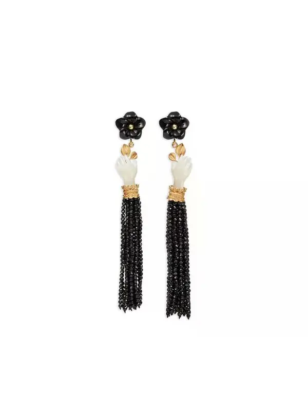 Of Rare Origin 18k Yellow Gold Hand-flower Tassel Earrings - Black