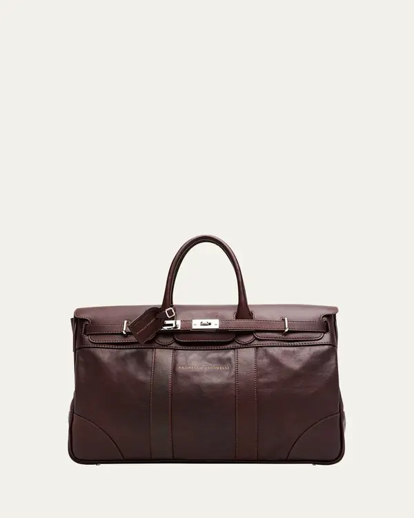Brunello Cucinelli Leather Duffel Bag With Clasp - Burgundy
