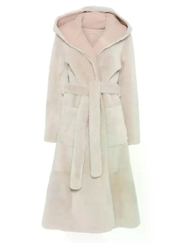 LISKA Hooded Belted Shearling Coat - Neutrals