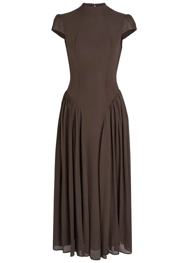 Reformation Maven Mock-Neck Chiffon Midi Dress - Dark Brown | Editorialist